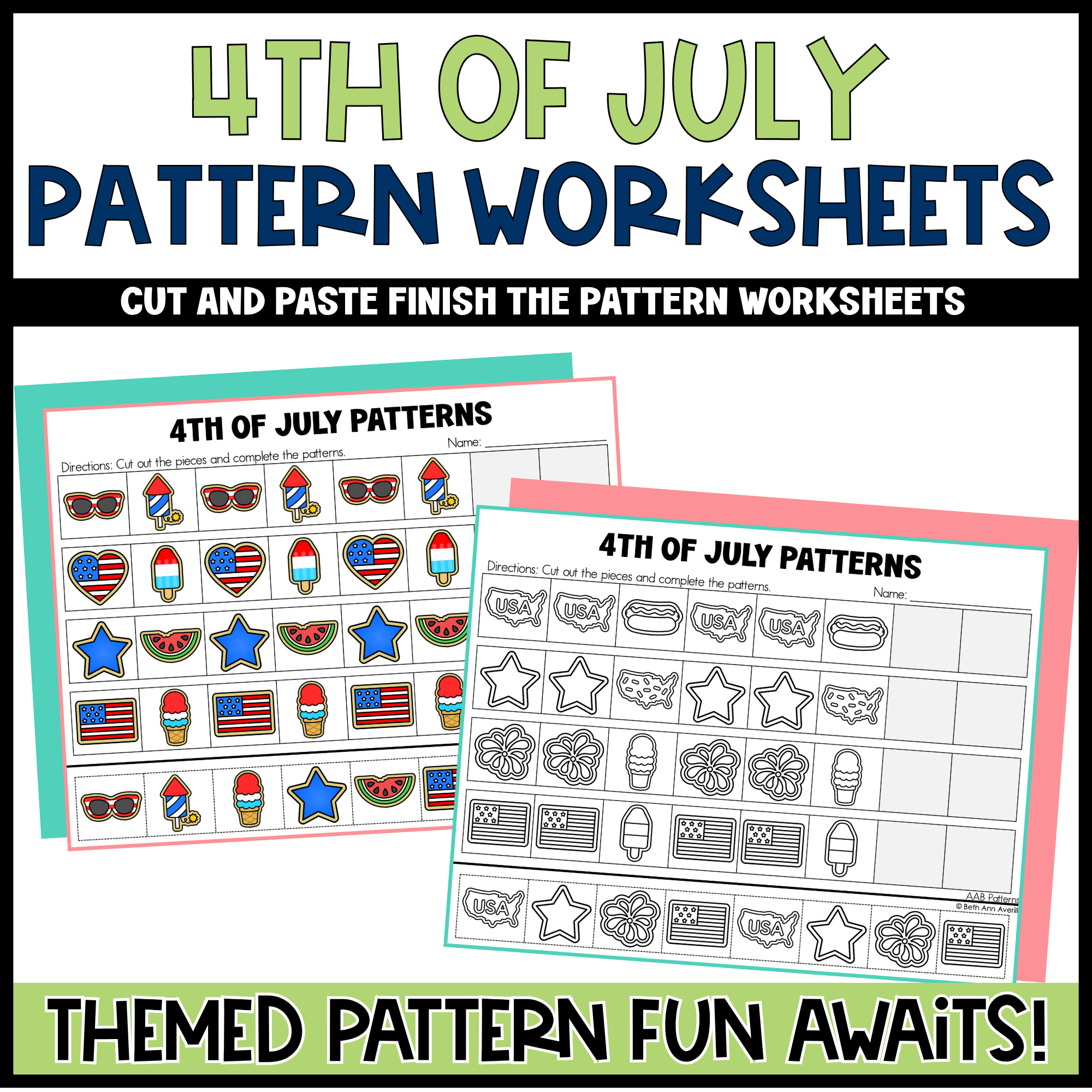4th of July Pattern Worksheets Cut and Paste Patterns | Memorial Day ...